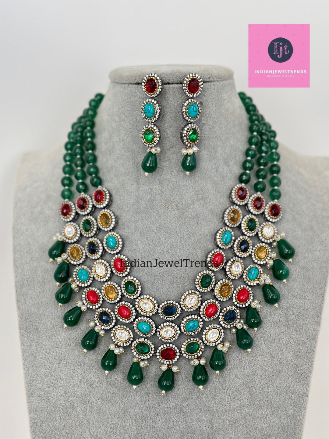 Emerald Premium Quality Uncut Polki Kundan Navratan Necklace/indian ...