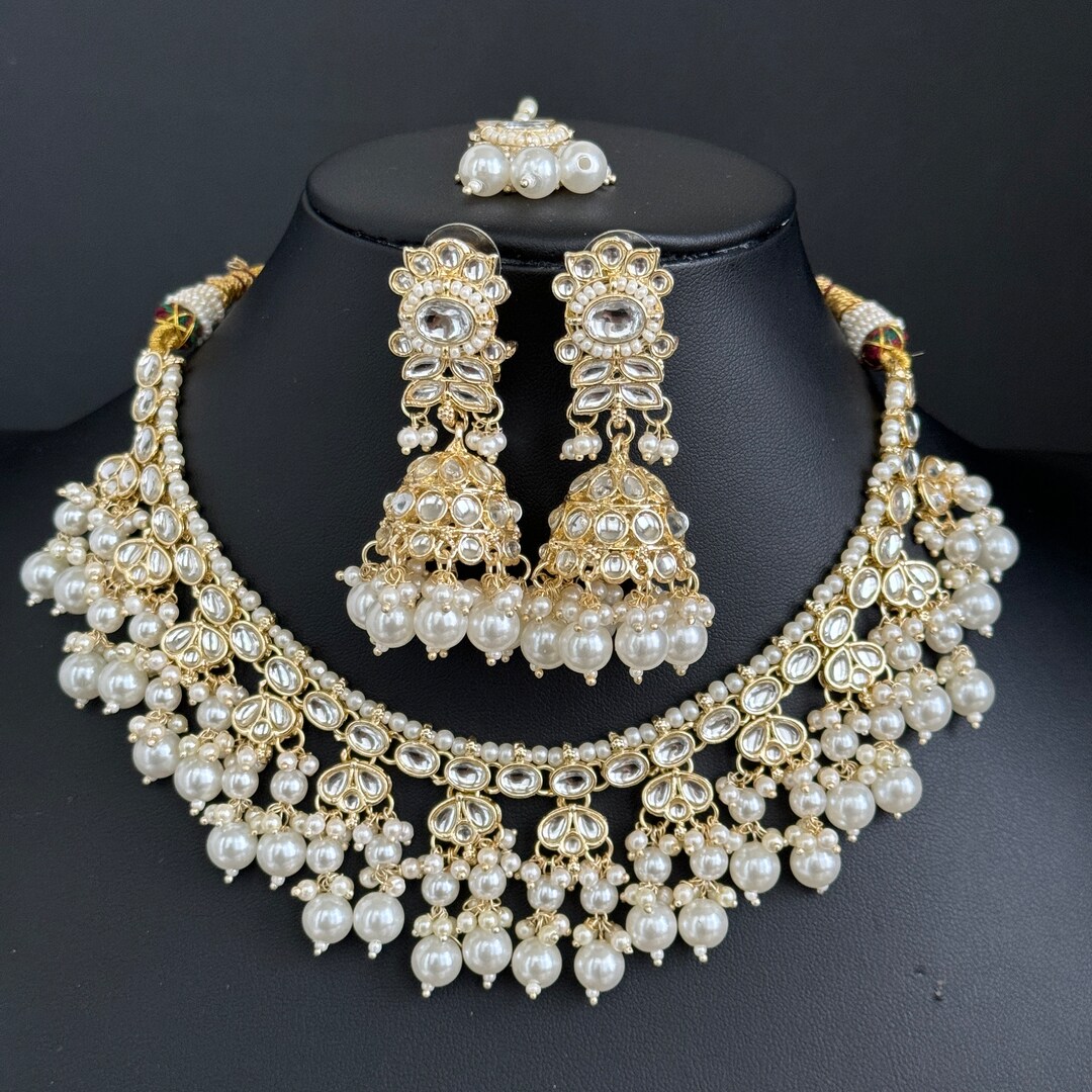 White Pearl Kundan Necklace Set/kundan Choker/ Bollywood Jewelry ...