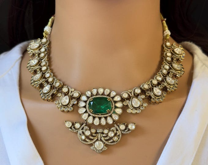Emerald Victorian Doublet Moissanite Polki Necklace Indian Jewelry ...