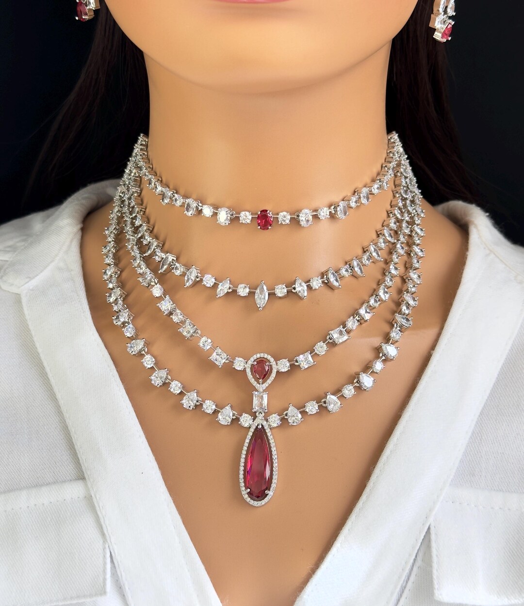 Ruby CZ Diamond Necklace, American Diamond Wedding Necklace, Cz Jewelry ...