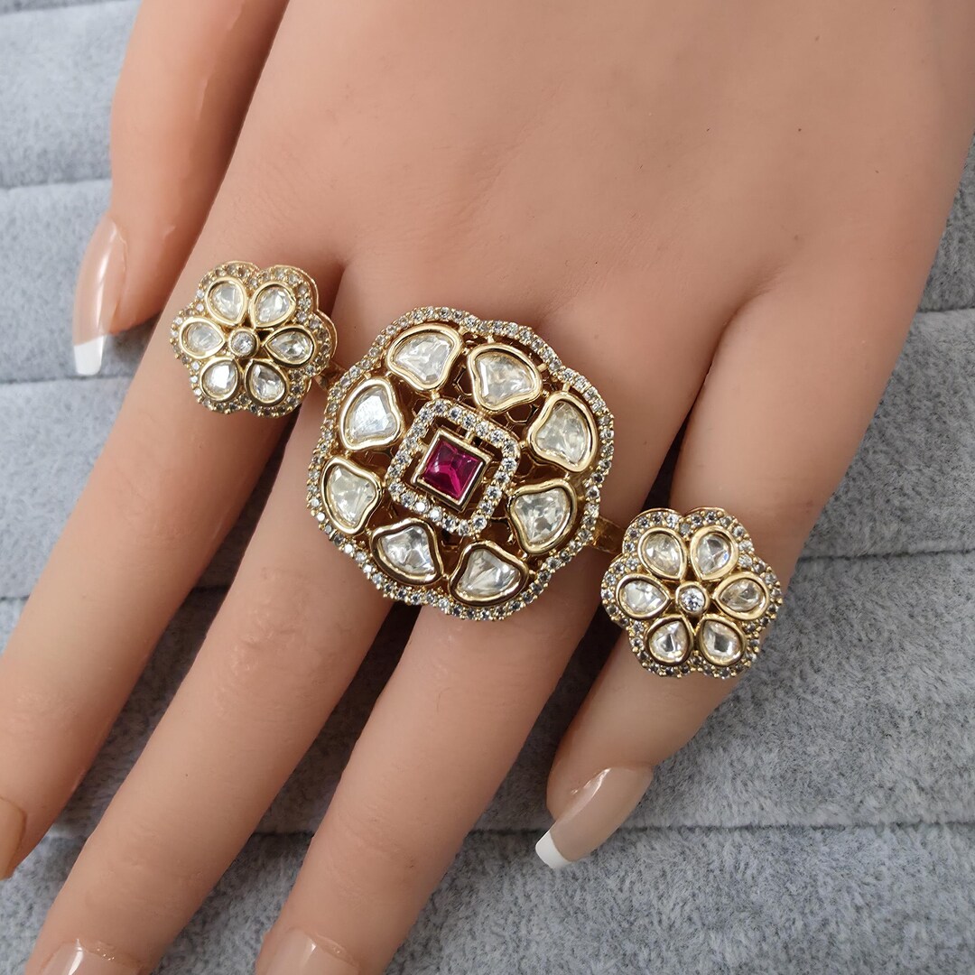 Ruby Bridal Double Finger Gold Kundan Polki Ring/adjustable Ring/indian ...