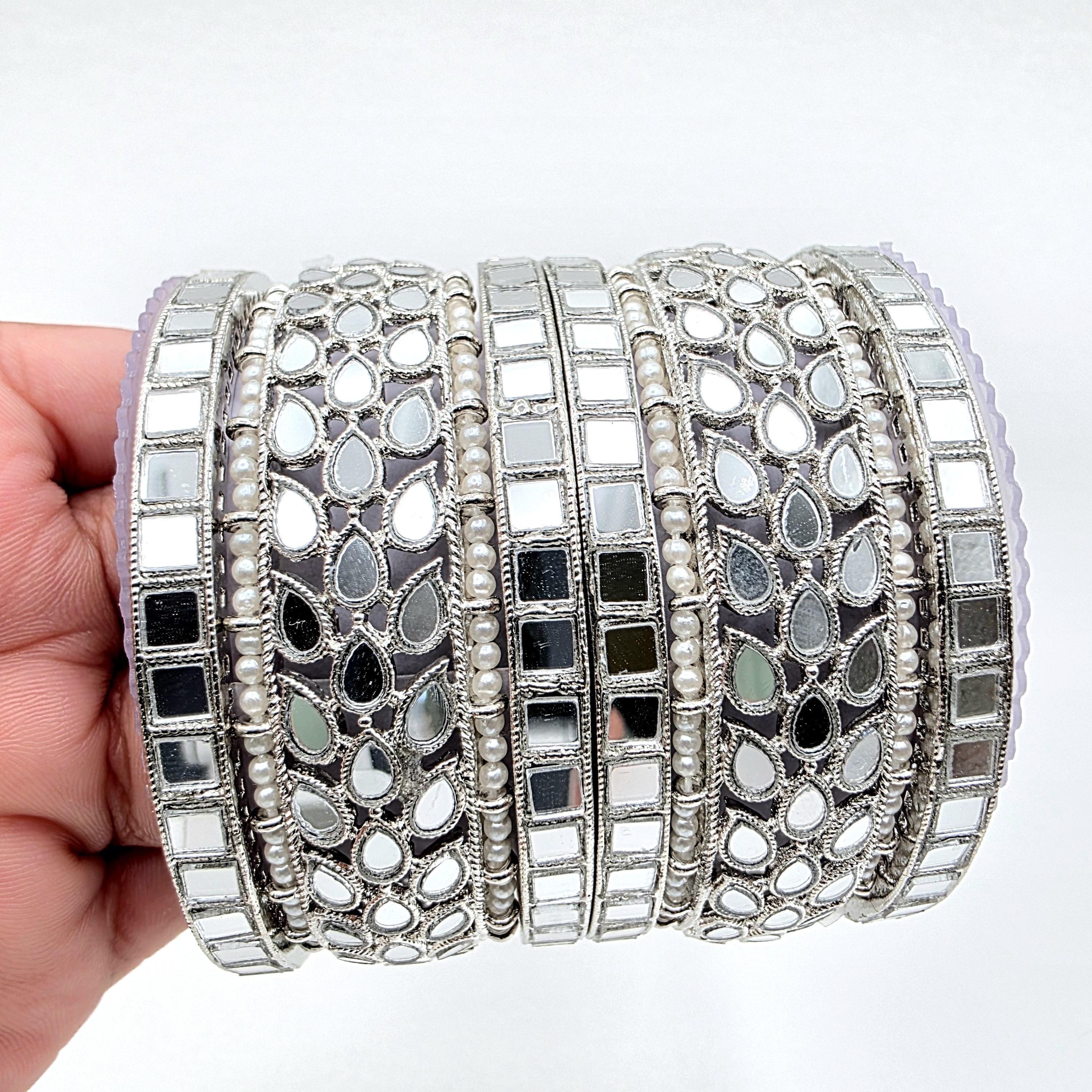 Bollywood Silver Mirror Pearl Bangles Set/punjabi Mirror Chuda Bangles Set/bridal Bangles ...