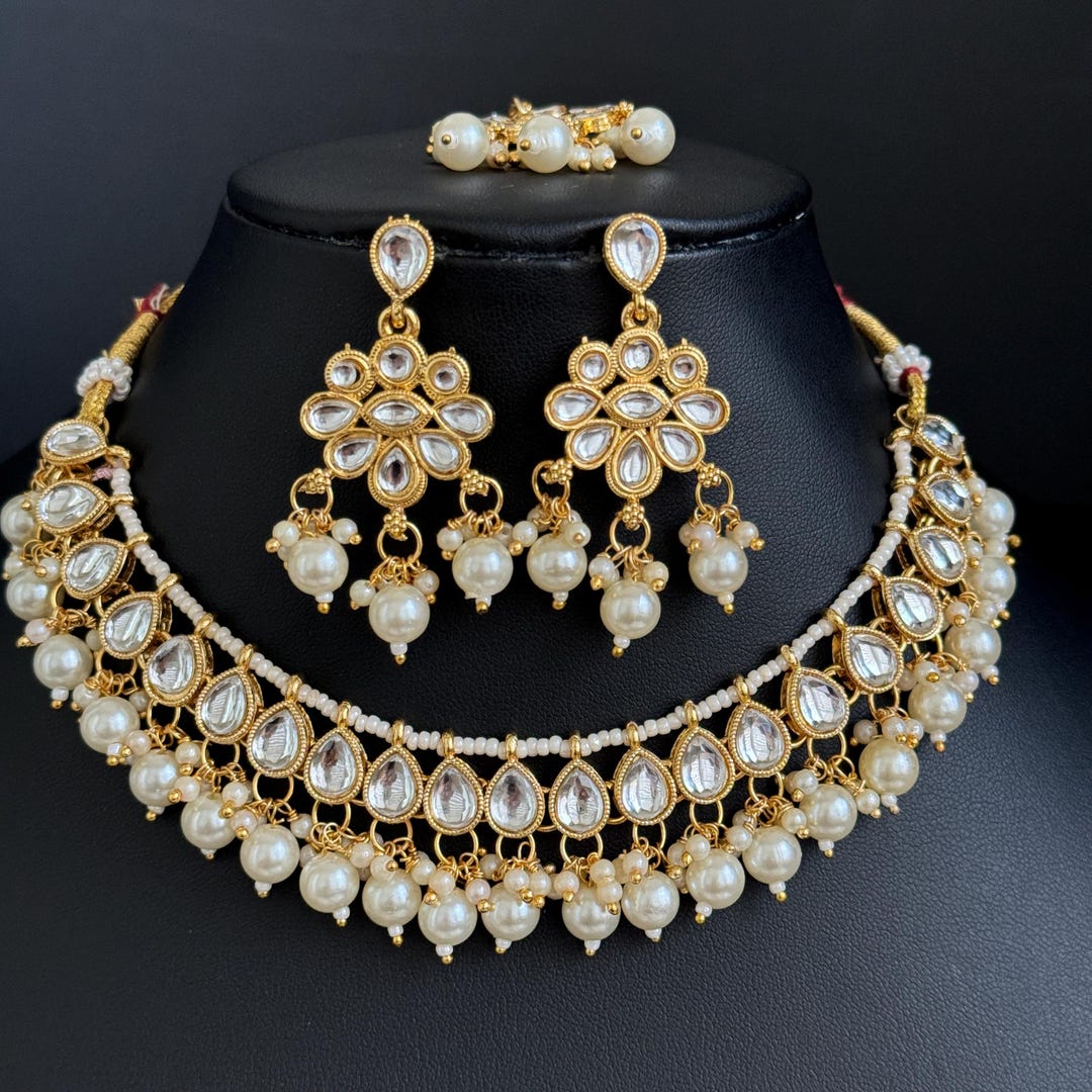 White Pearl Kundan Necklace Set/kundan Choker/ Bollywood Jewelry ...
