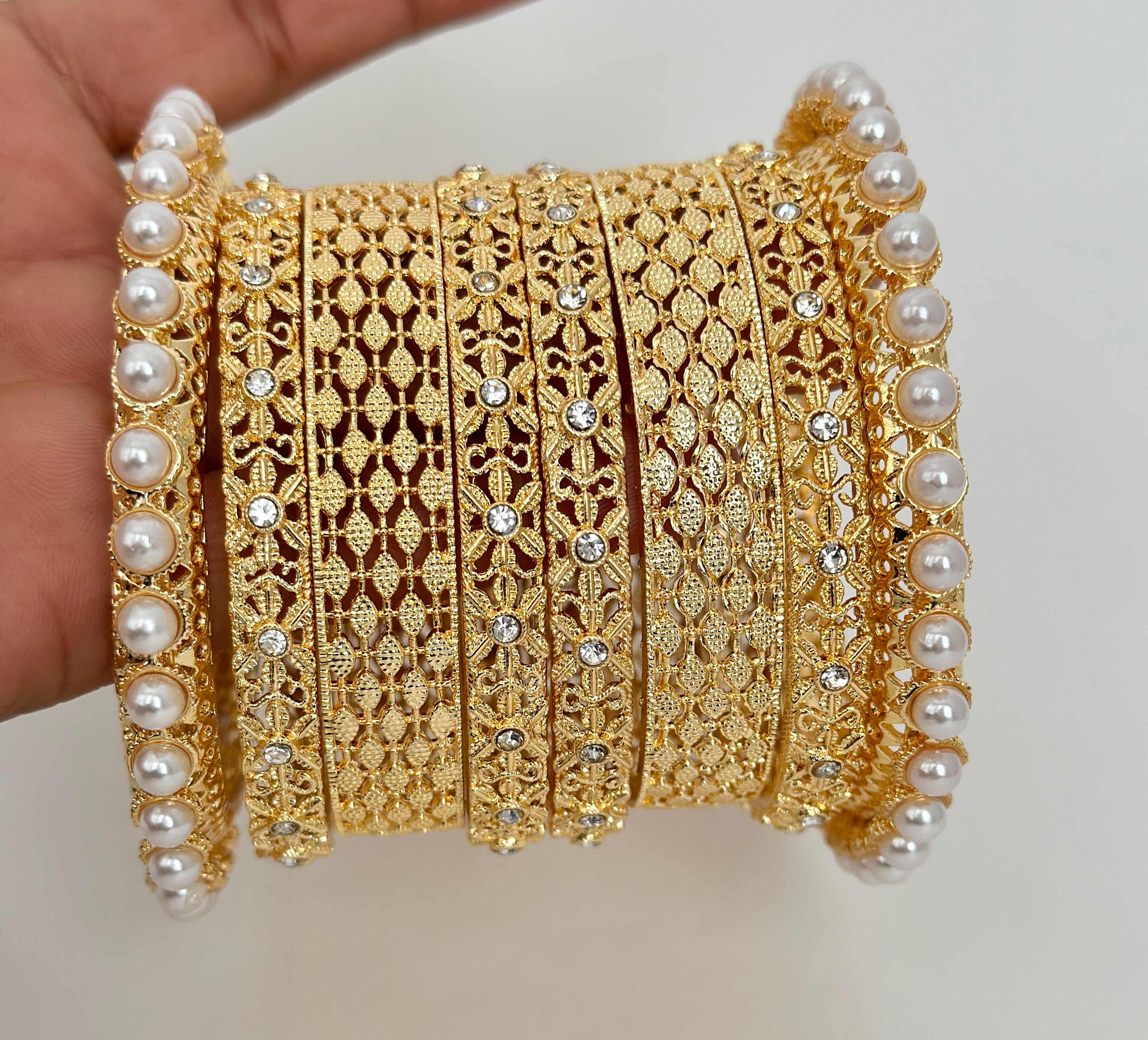 Gold Pearl Bangles chooda Set 8 Pcs Pearl Bangles Indian Bangles Indian Wedding Bridal jewelry Statement bangles Silver Bangles