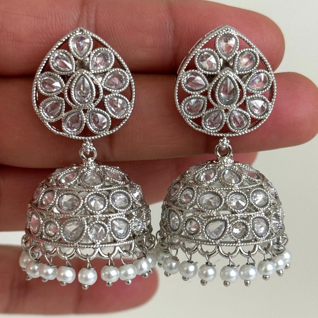 Small Light Weight Silver Polki Jhumka/stone Jhumka/indian Jewelry ...