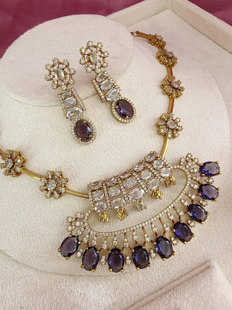 Purple Victorian CZ American Diamond Necklace/cz Pota Stones Necklace ...