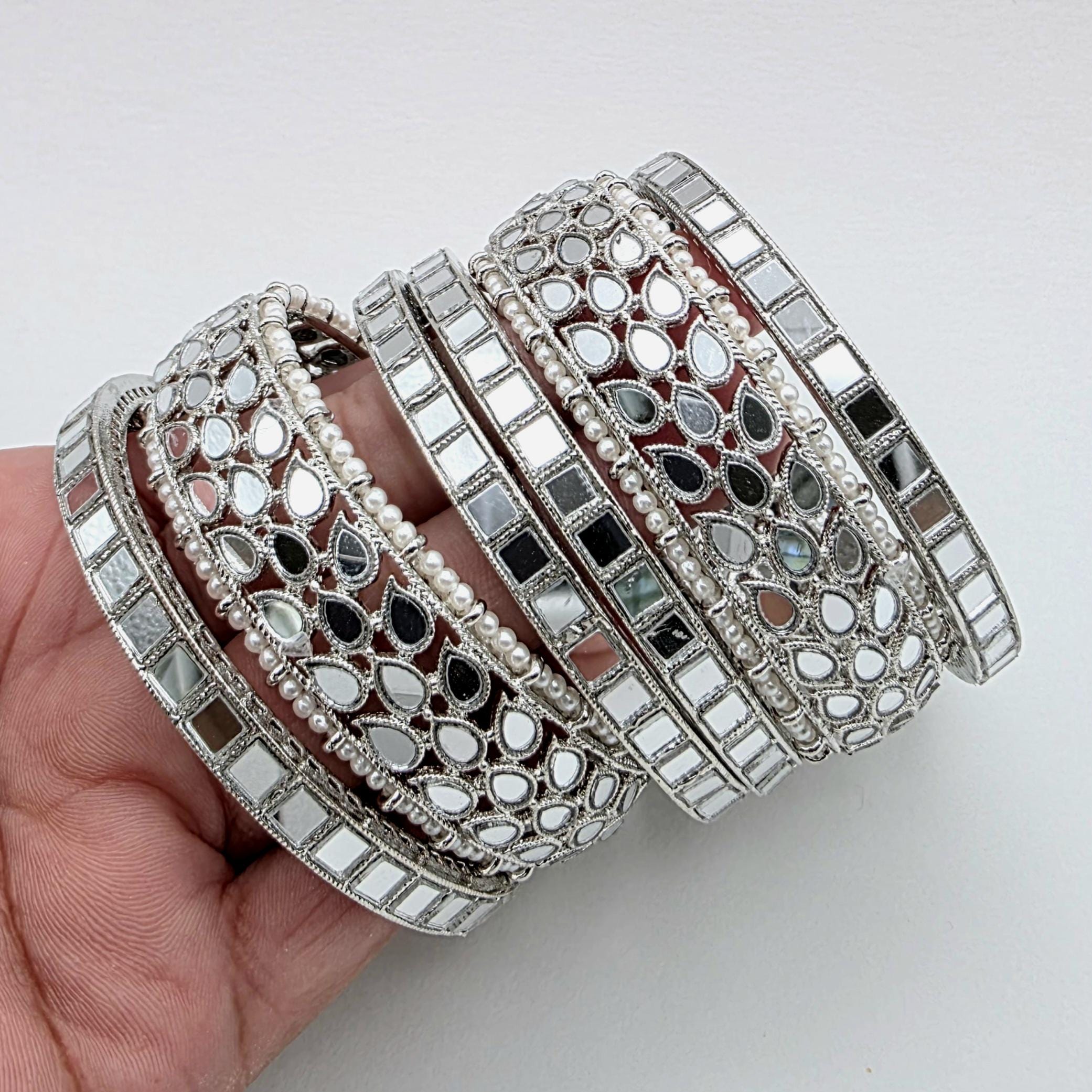 Bollywood Silver Mirror Pearl Bangles Set/punjabi Mirror Chuda Bangles Set/bridal Bangles ...