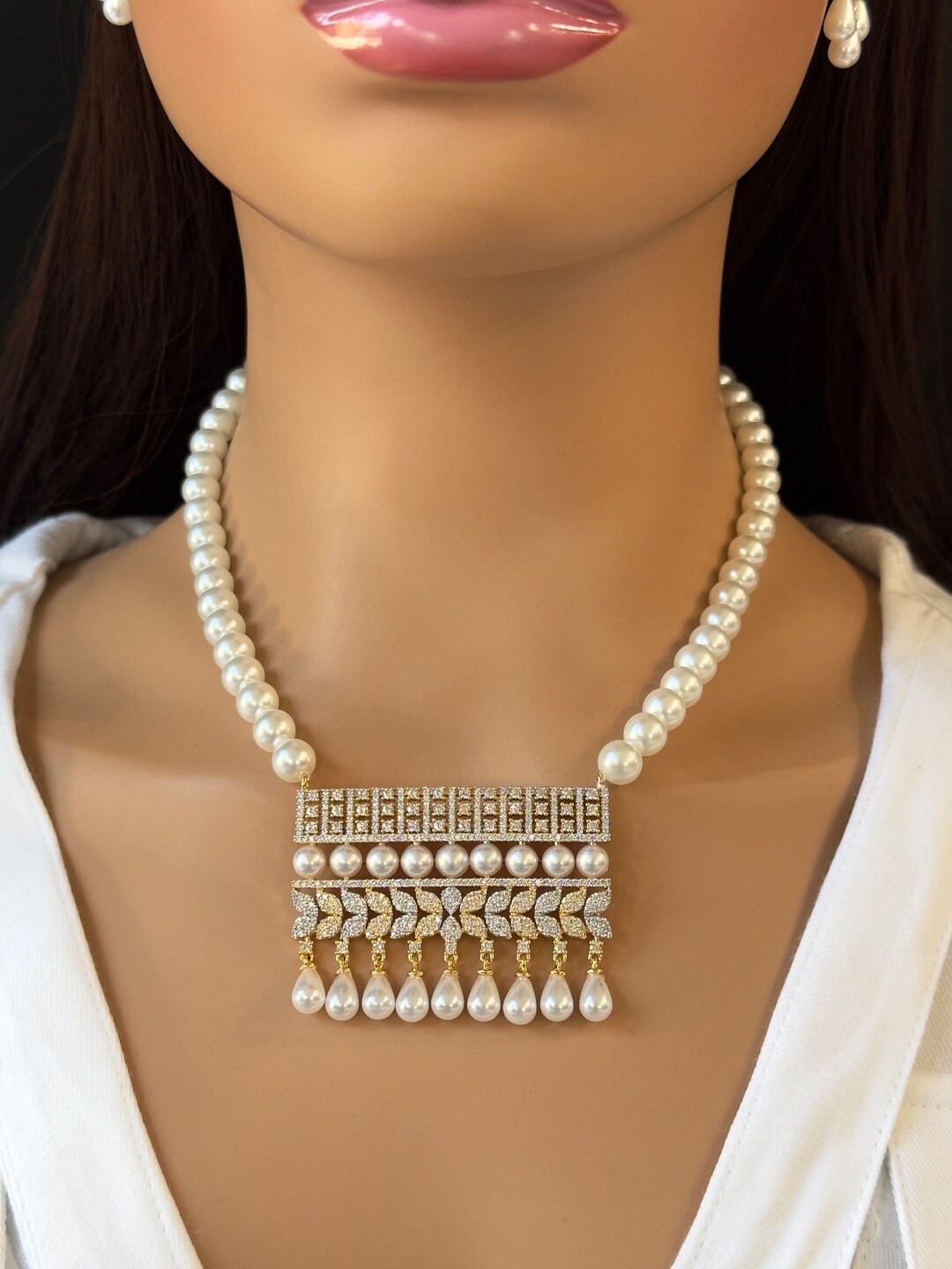 CZ American Diamond Pearl Mala Necklace With 2 Tone, Rhodium Plating ...