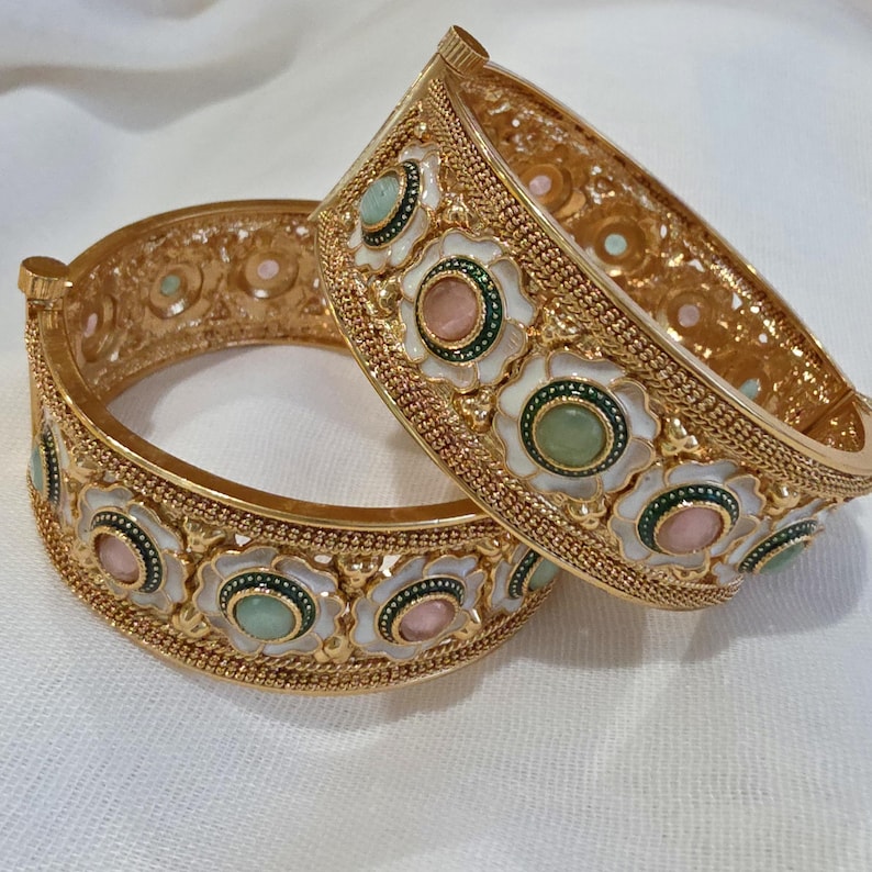 Classic Mint Pink Gold Plated Openable Bangles Pair\statement Kadas ...