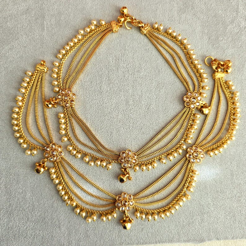 Bridal Polki Gold Plated Anklet Pair/payal/moti Payal/jhanjran/panjeb ...