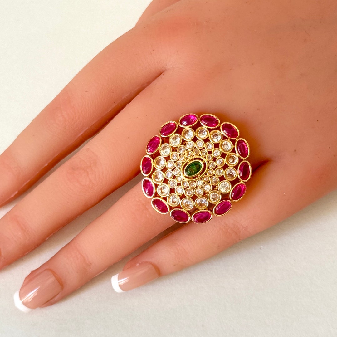 Large Gold Finish Polki Ring/adjustable Ring/indian Ring/ Pakistani ...