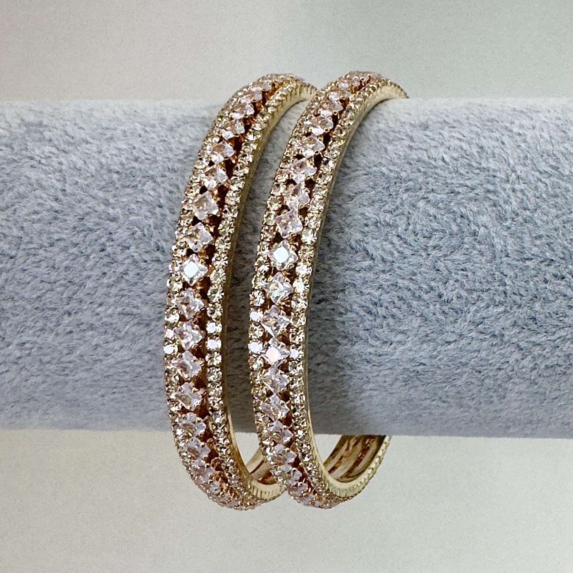 Set of 2 Delicate Gold Plated CZ Diamond Bangles CZ Bangles bracelet indian Party Bangles cz Stone Bangle indian Wedding bridal Jewelry Etsy