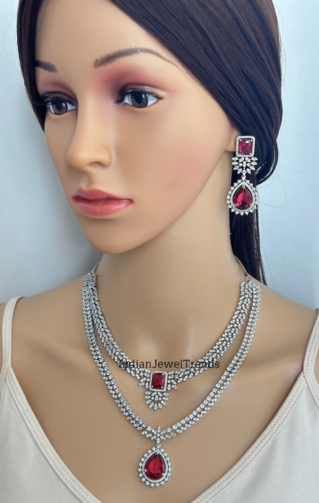 Ruby CZ Diamond Necklace, American Diamond Wedding Necklace, Cz Jewelry ...