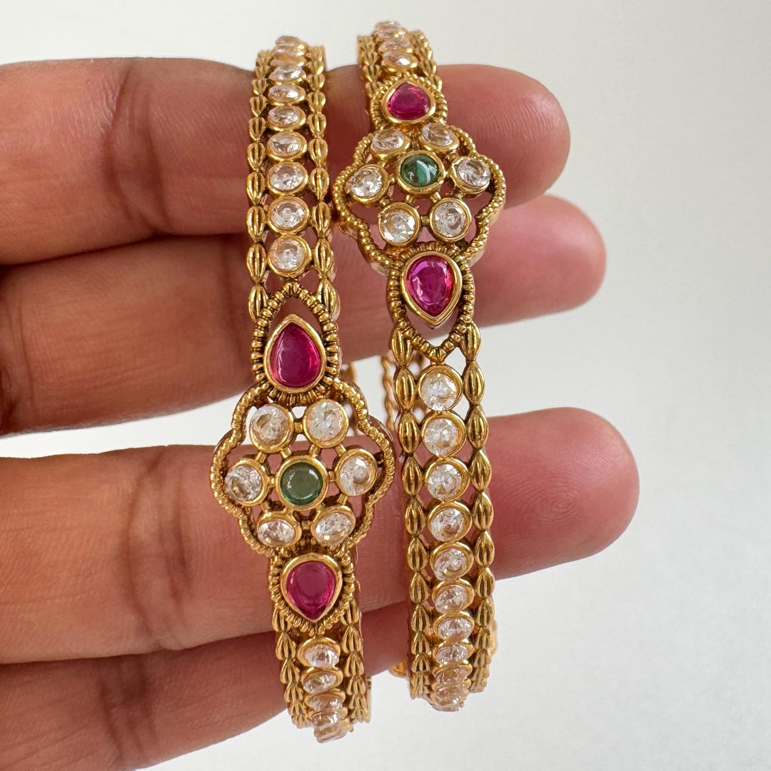 Set 2 Rubygreen Matt Gold CZ Diamond Bangles,indian Amrapali Bangles ...