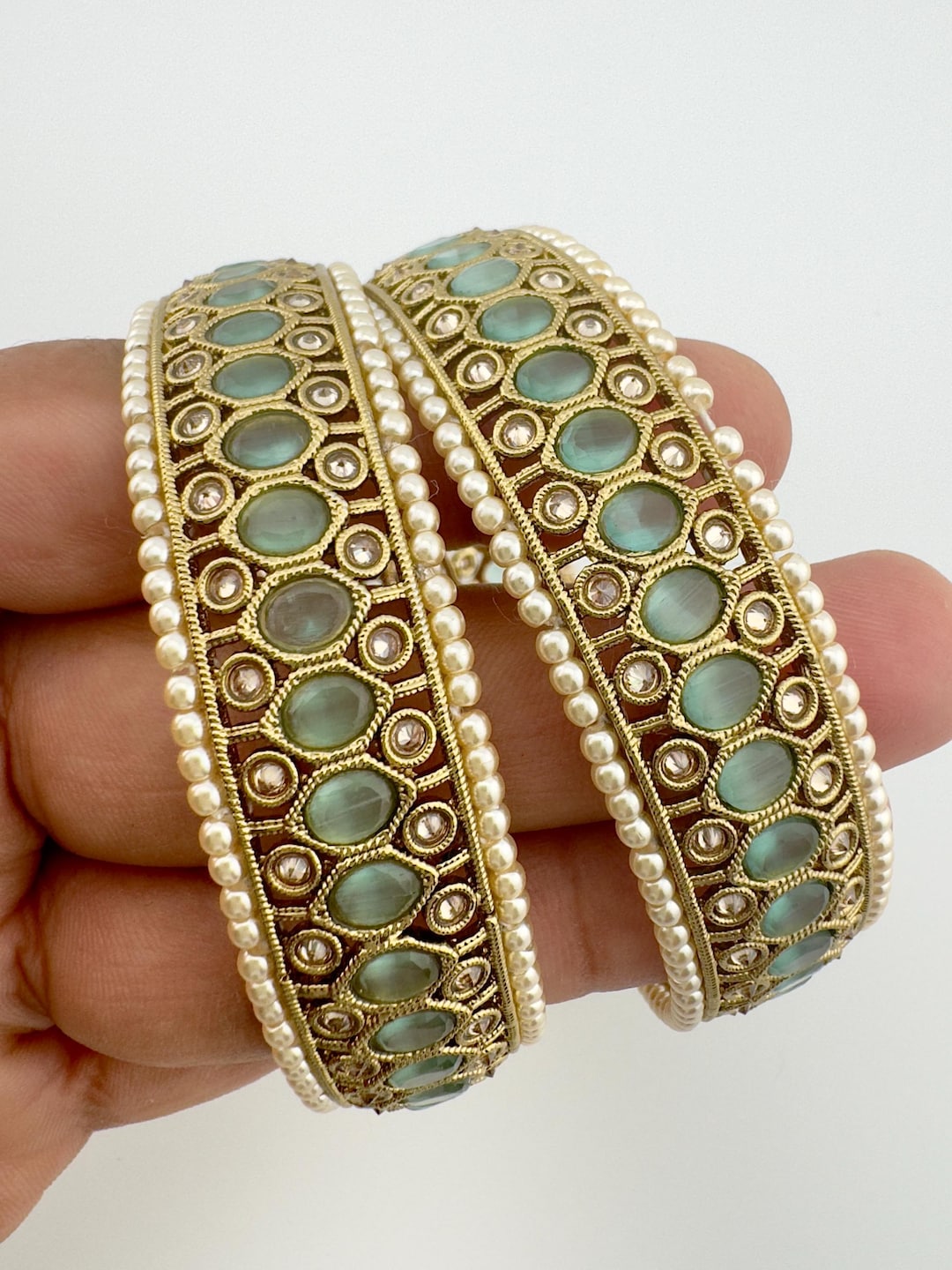 Mint Antique Polki Kundan Bangles Set, Punjabi Pearl Bangles Set/bridal Bangles/ Wedding Jewelry ...