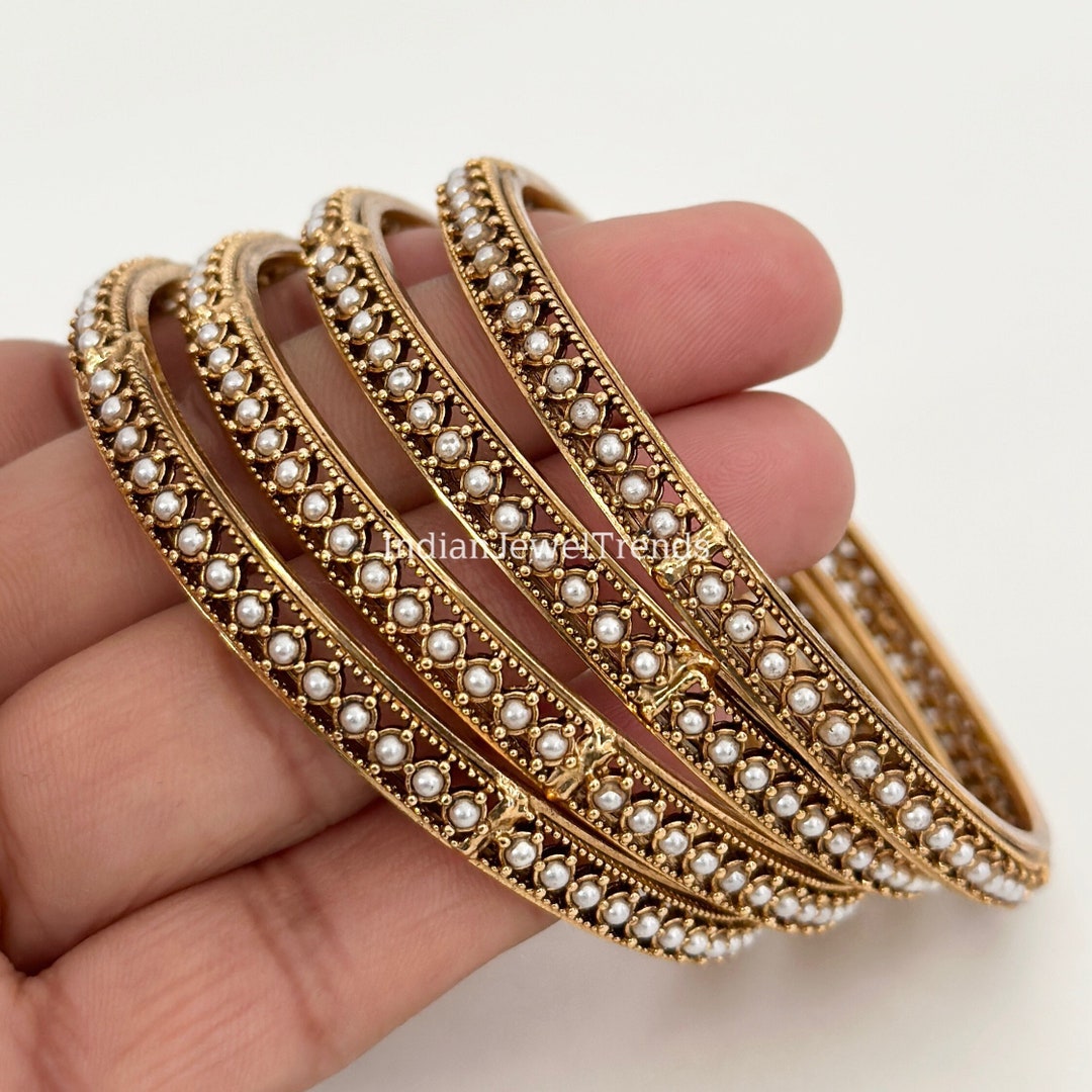 Pearl Bangles Set 4pc/antique Gold Pearl Bangles/indian Bangles/indian ...