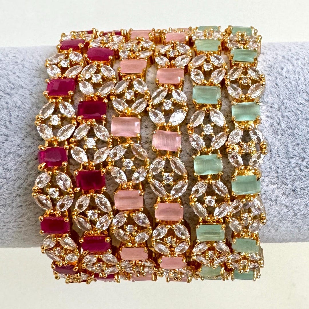 Set of 2 Gold Diamond Bangles/mint Pink and Ruby CZ Bangles Indian ...