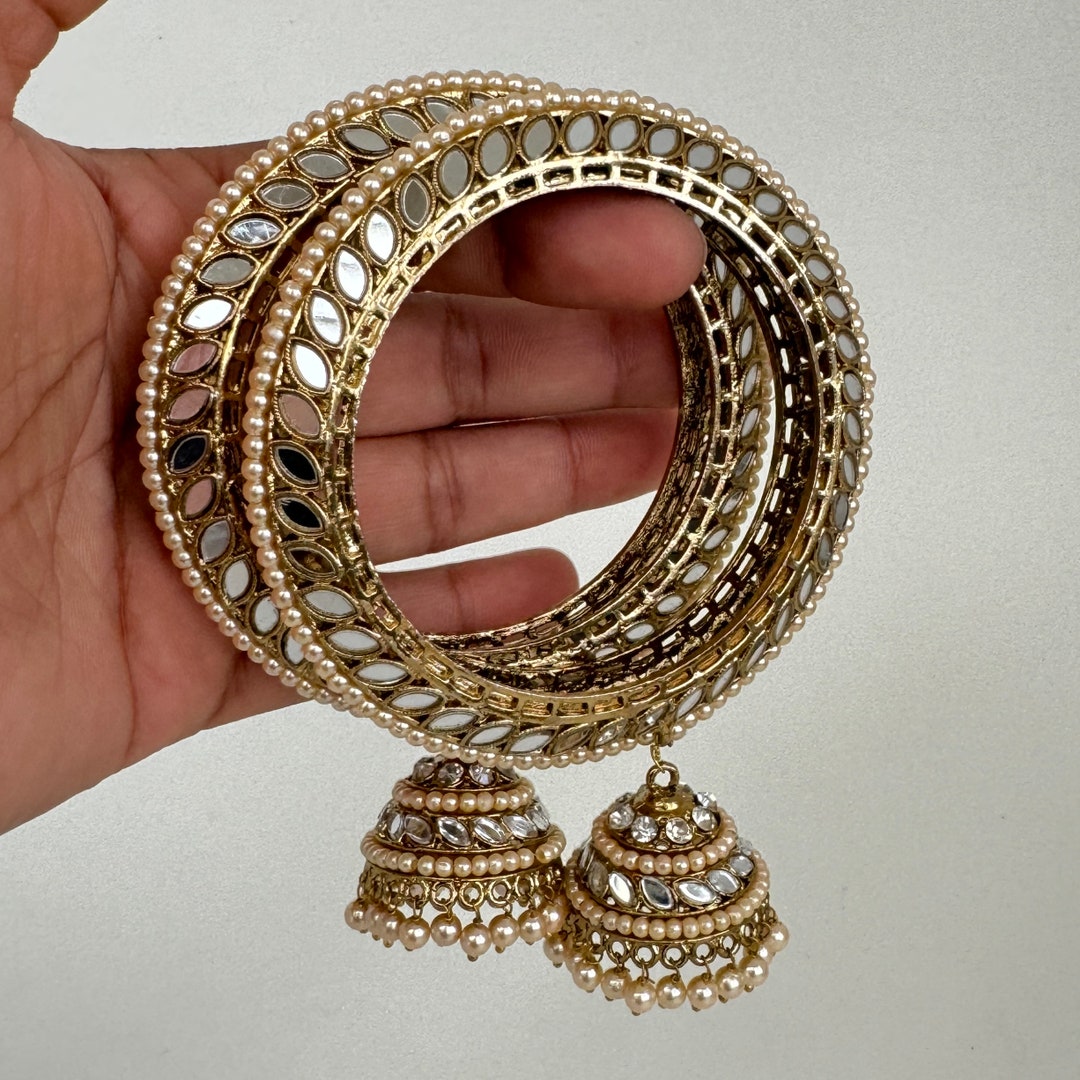Antique Dull Gold Mirror Pearl Bangles Set/punjabi Mirror Chuda Bangles ...