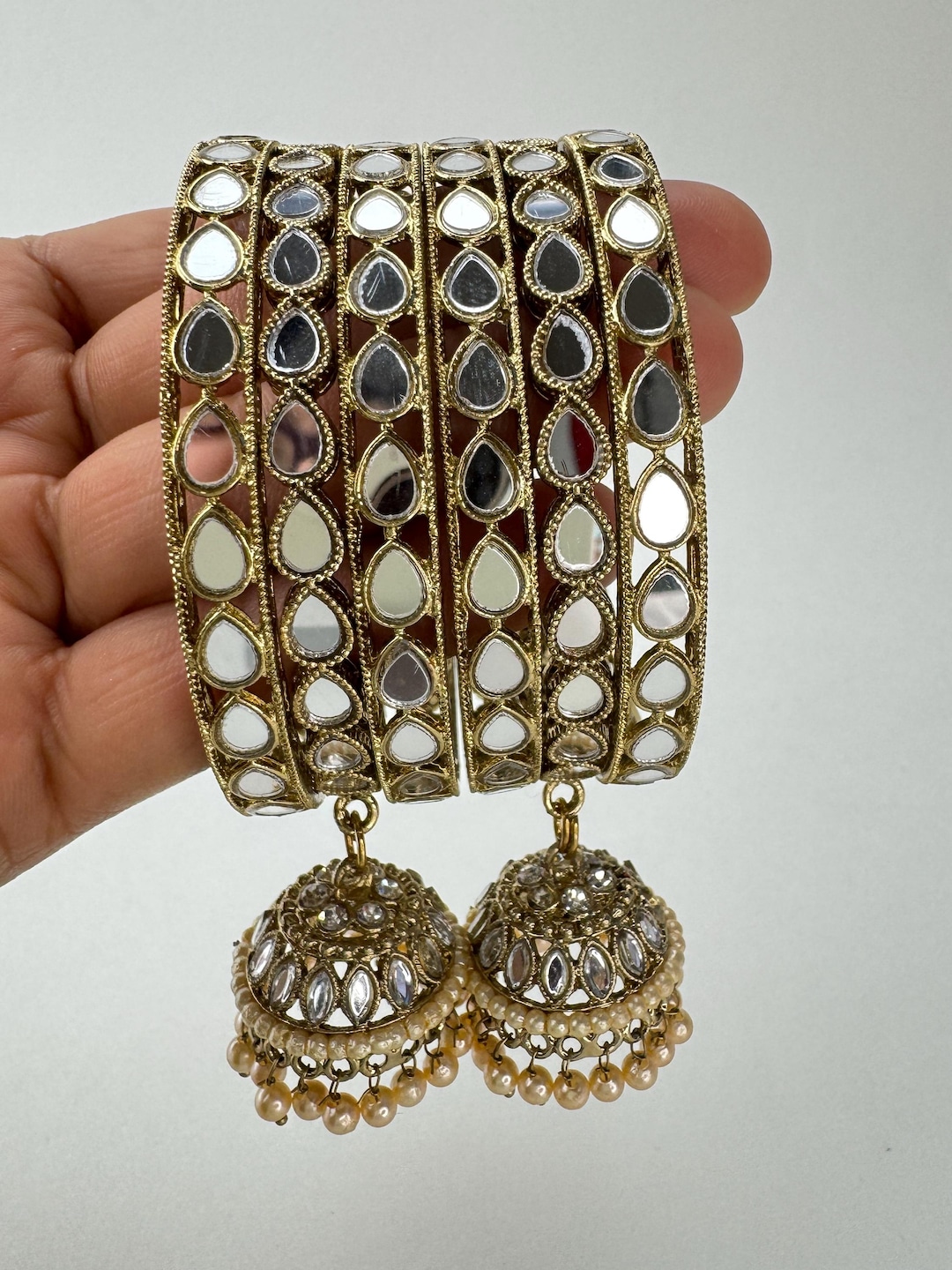 ANTIQUE Dull Gold Mirror Pearl Bangles Set/punjabi Mirror Chuda Bangles Set/bridal Bangles ...
