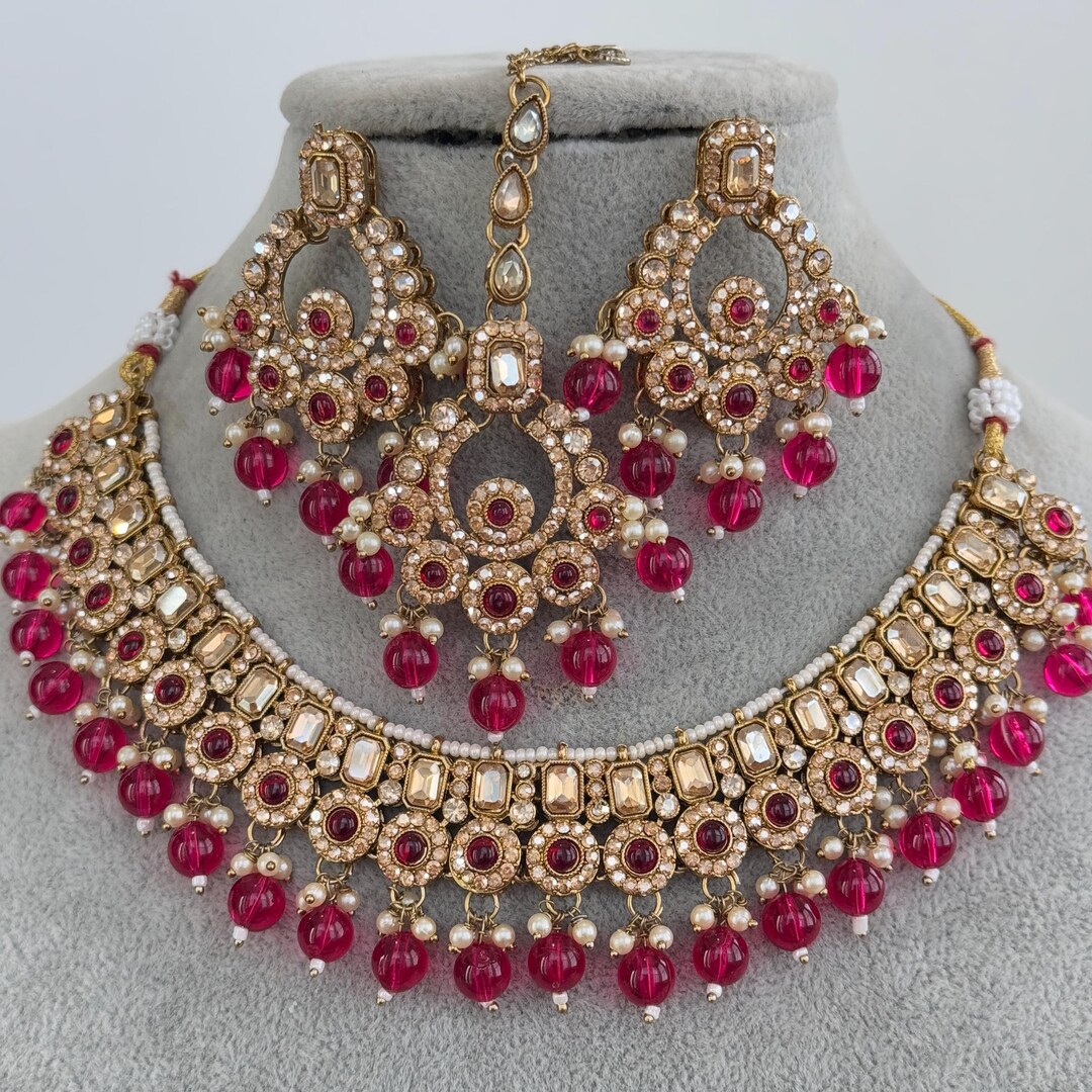 Hotpink Shadow Stone Kundan Necklace Set/ Bollywood Jewelry/ Indian ...