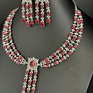 Ruby CZ Diamond Bridal Necklace, American Diamond Wedding Necklace, Cz ...