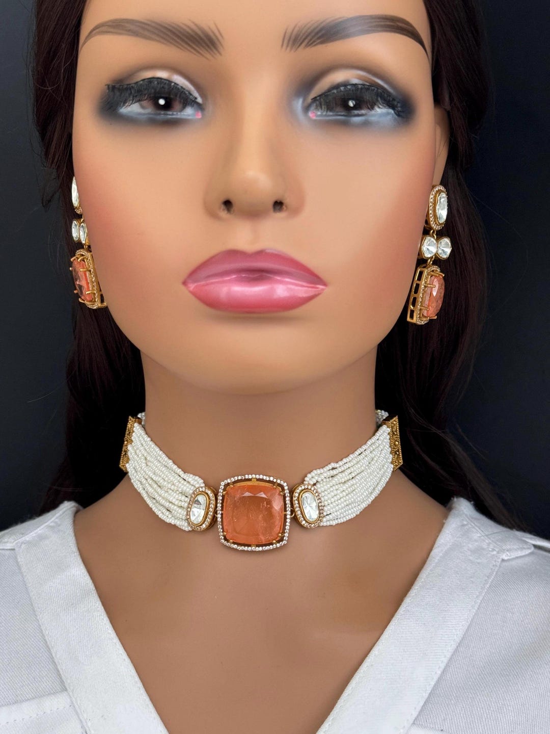 Peach Victorian Doublet Uncut Polki Kundan Choker Necklace, Sabyasachi ...