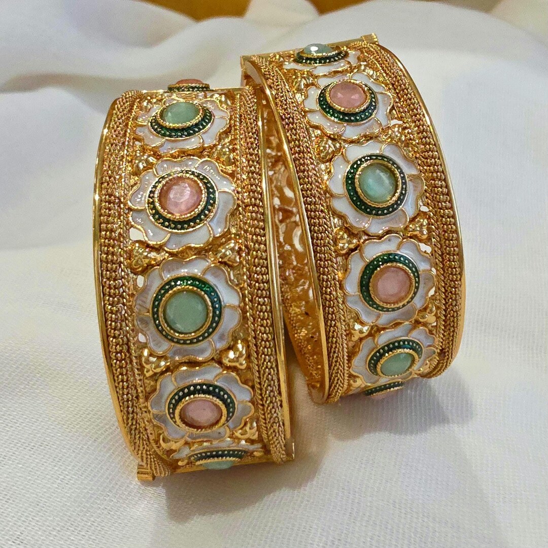 Classic Mint Pink Gold Plated Openable Bangles Pair\statement Kadas ...