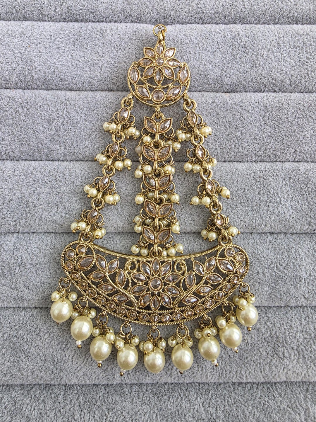 Antique Dull Gold Polki Pearl Passa, Jhoomer, Side Tikka Indian Punjabi ...