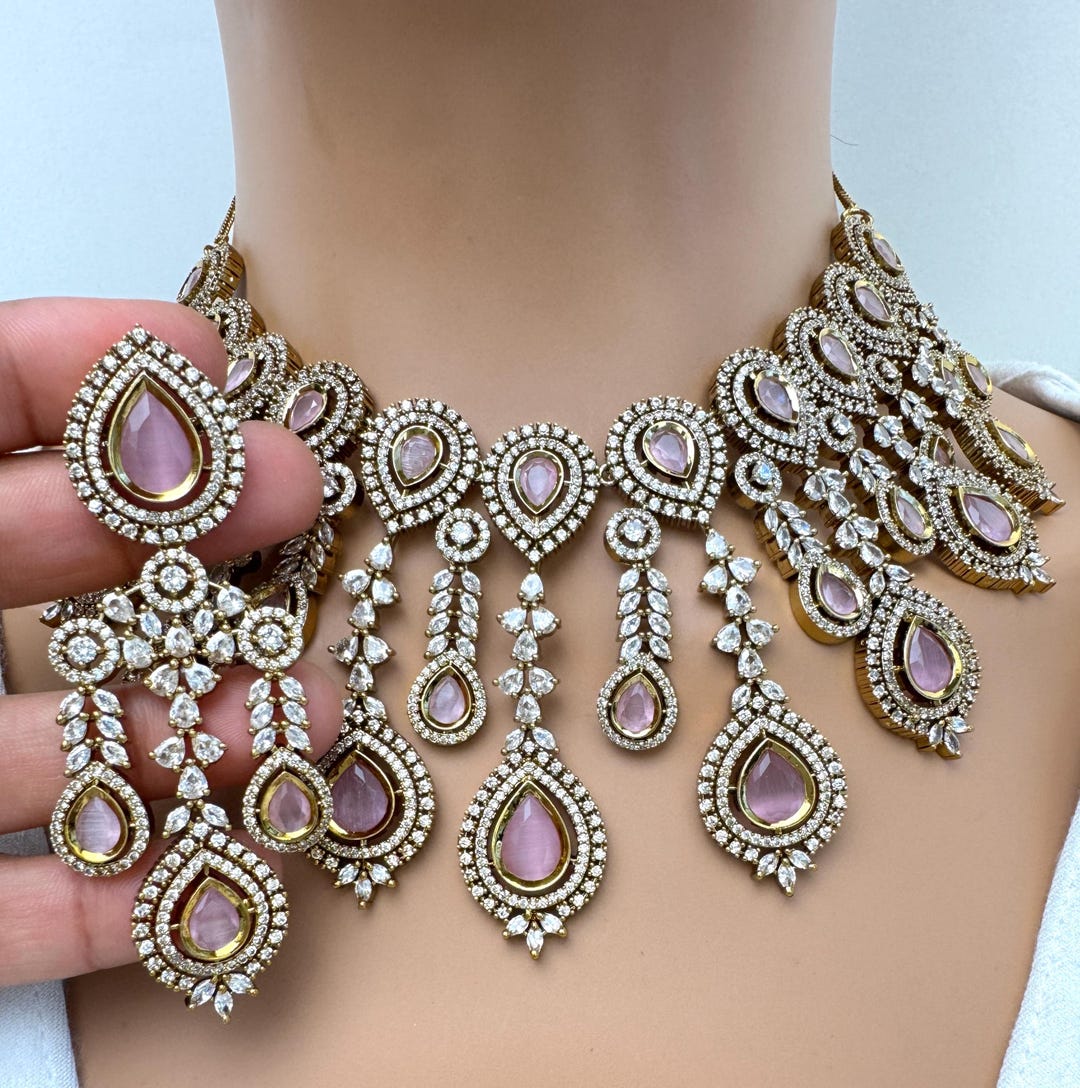 Pink Victorian CZ American Diamond Necklace/cz Stones Necklace/elegant ...