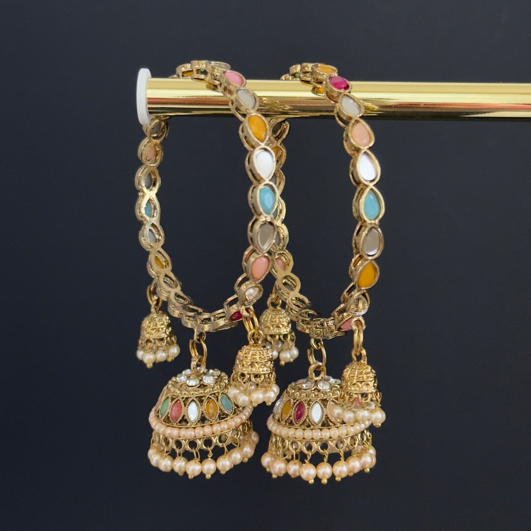 Multi Navratan Dull Gold Mirror Pearl Bangles Set/punjabi Mirror Chuda ...