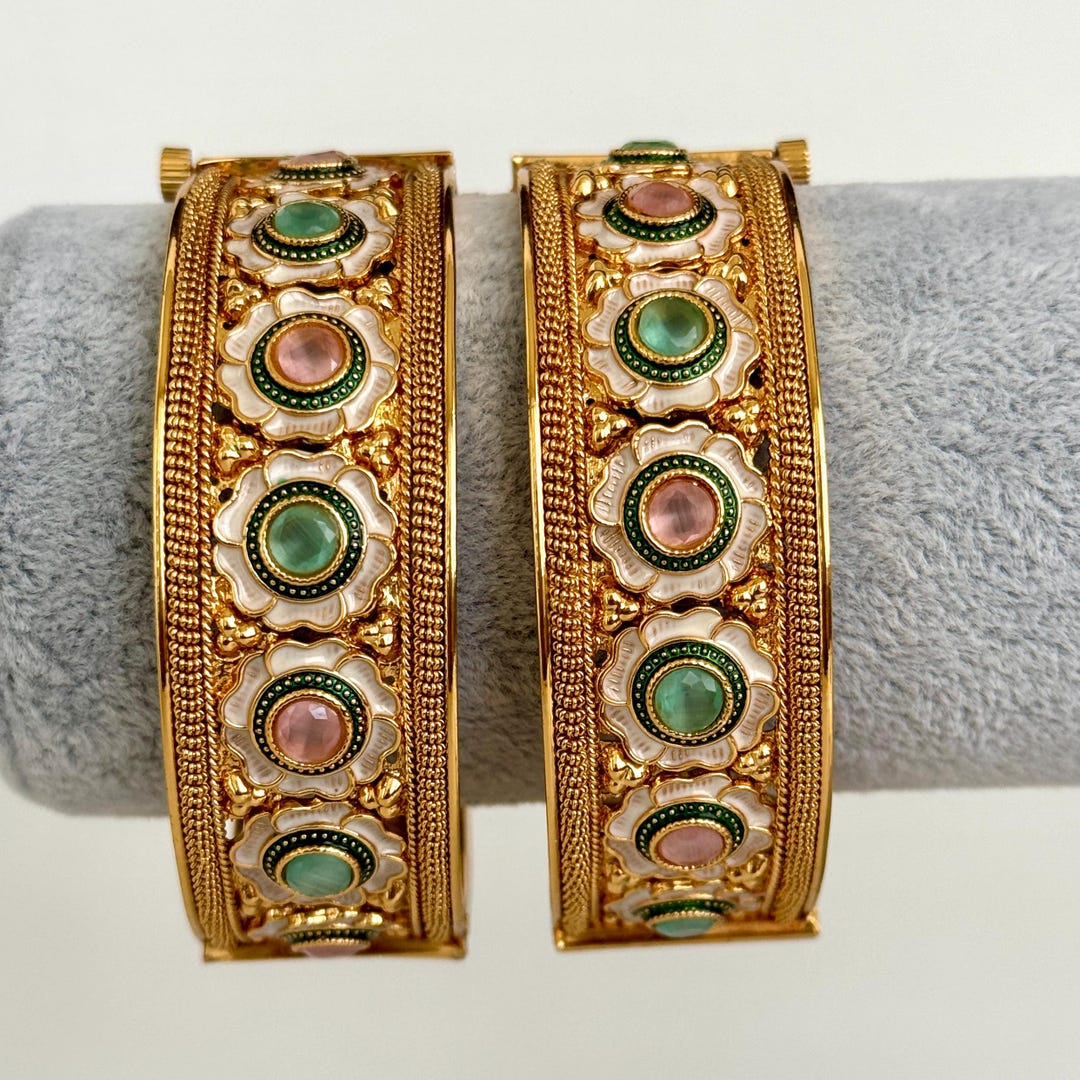 Classic Mint Pink Gold Plated Openable Bangles Pairstatement Kadas/gold ...