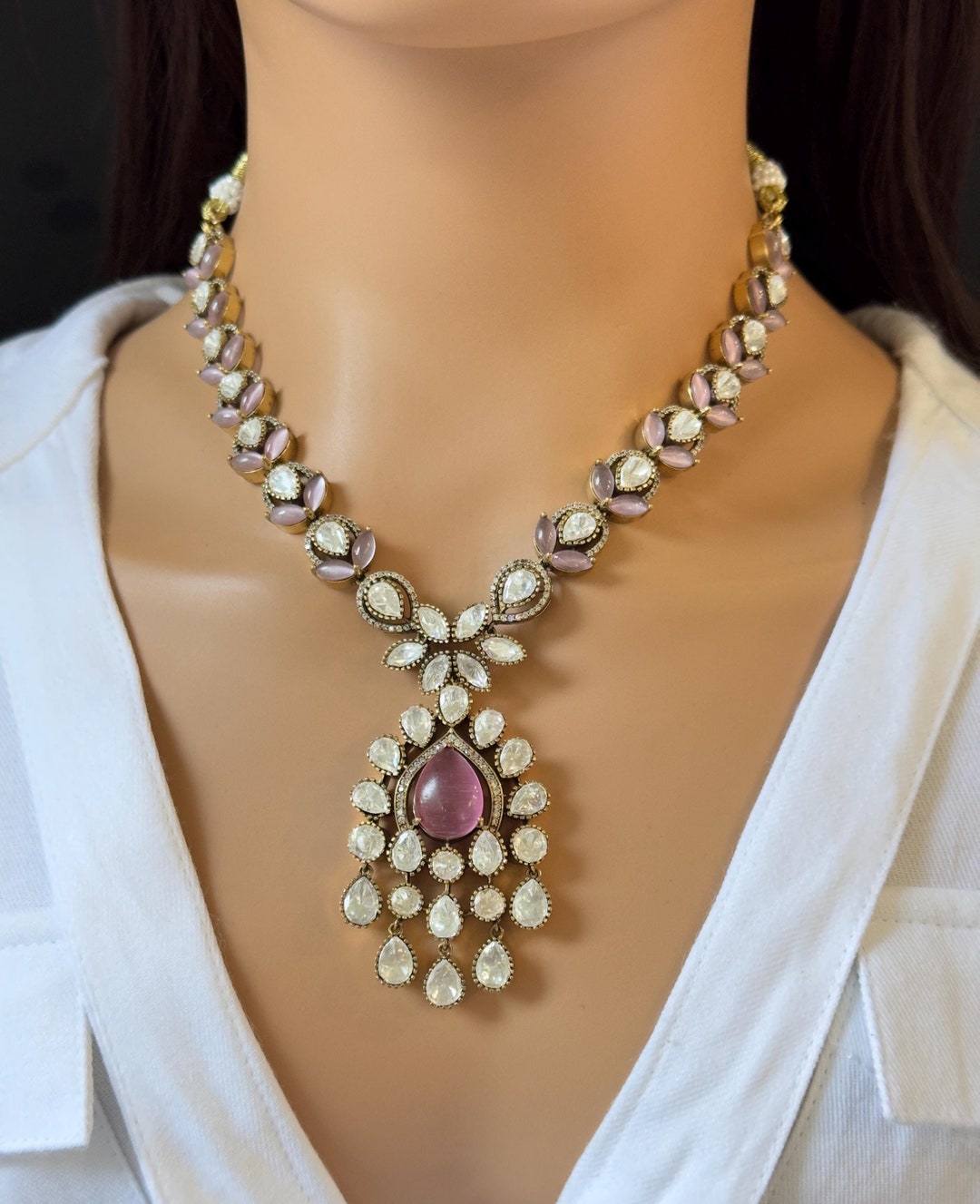 Pink Victorian Doublet Moissanite Polki Necklace, Sabyasachi Inspired ...