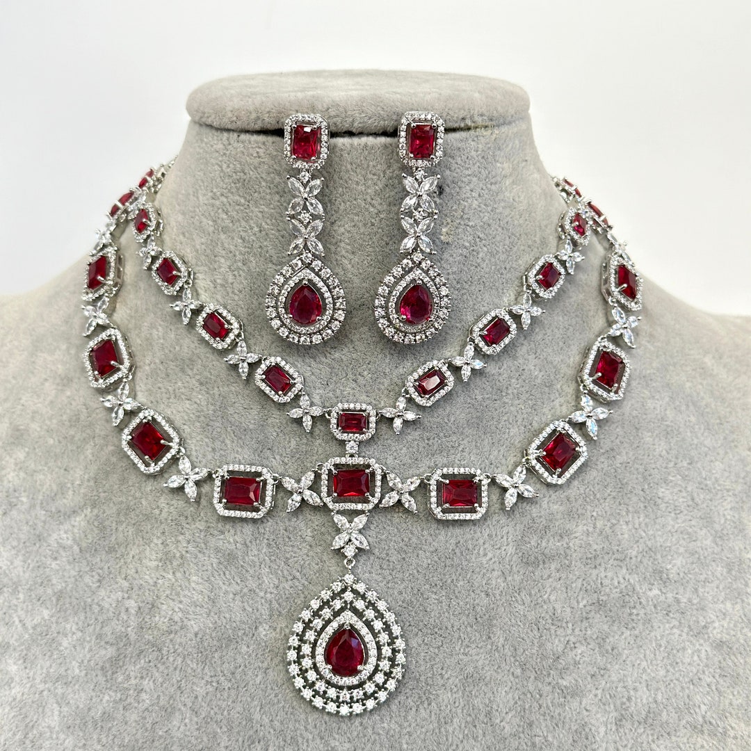 Ruby CZ Diamond Necklace American Diamond Wedding Necklace - Etsy