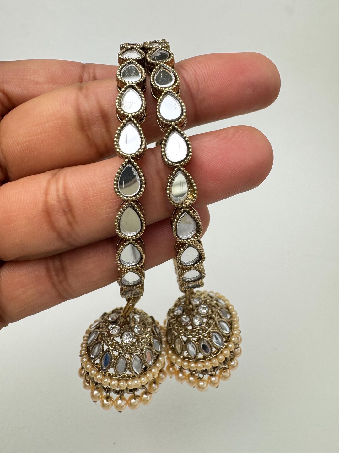 Antique Dull Gold Mirror Pearl Jhumka Bangles Set(2 Pc)/indian Bangles ...