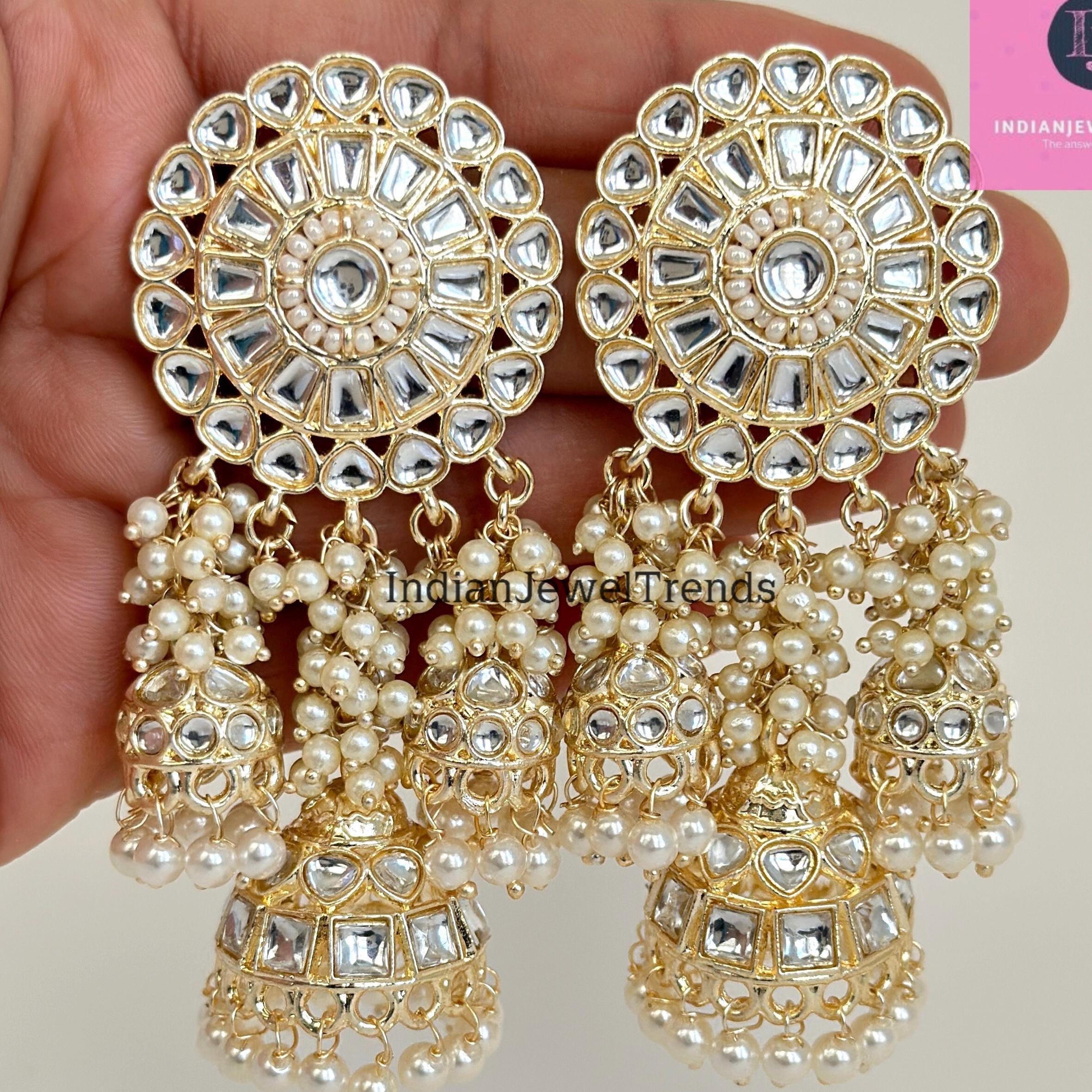IndianJewelTrends White Gold Pearl Jhumka Punjabi Jewelry Bollywood Jewelry Gold Kundan Jhumkas TrendyJhumka earring Indian Jewelry Pakistani Jewelry
