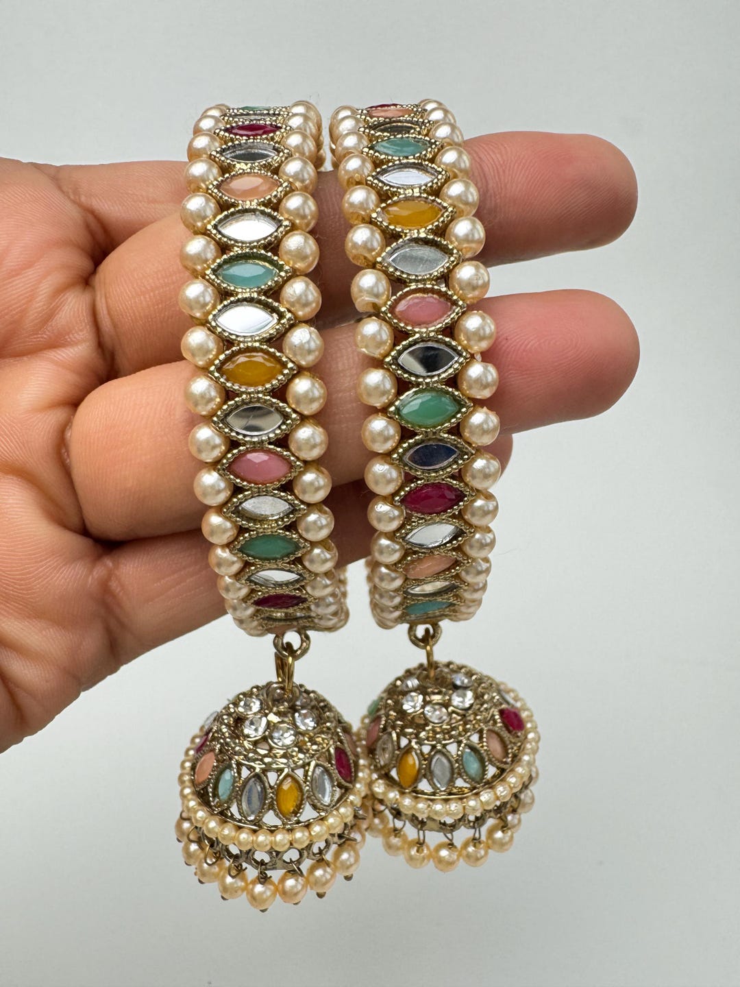 Multi Pearl Mirror Kundan Jhumka Bangles Set/punjabi Kundan Chuda Bangles Set/bridal Bangles ...