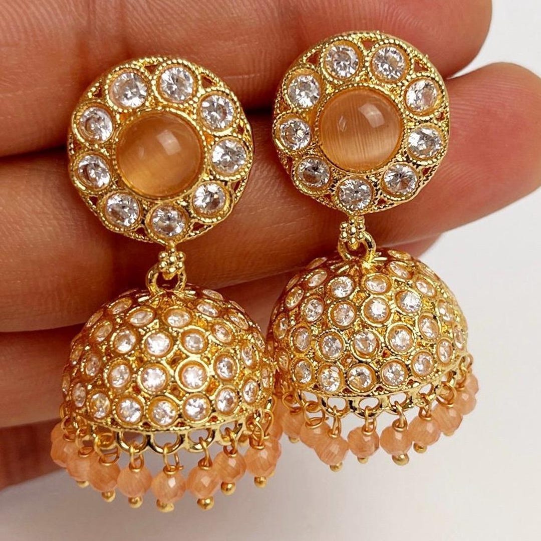 Small Light Weight Gold Plated Jhumka stone Jhumka indian Jewelry pakistani punjabi indian statement Earring bridal indian Wedding Etsy