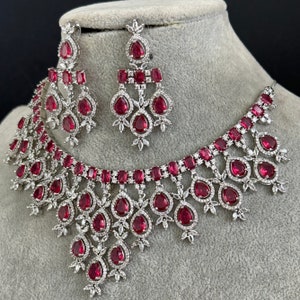 Ruby CZ Diamond Bridal Necklace, American Diamond Wedding Necklace, Cz ...
