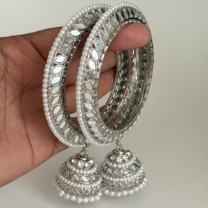 Bollywood Style Silver Mirror Pearl Bangles Set/punjabi Mirror Chuda Bangles Set/bridal Bangles ...