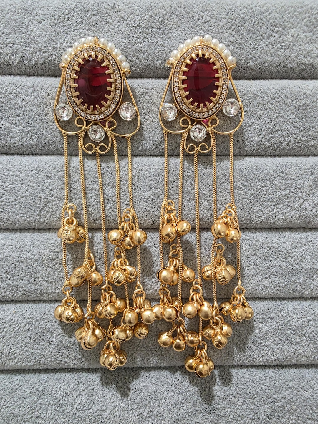 Ruby Kashmiri Long Earrings, Gold-plated Long Ghungroo Dangler Earrings ...