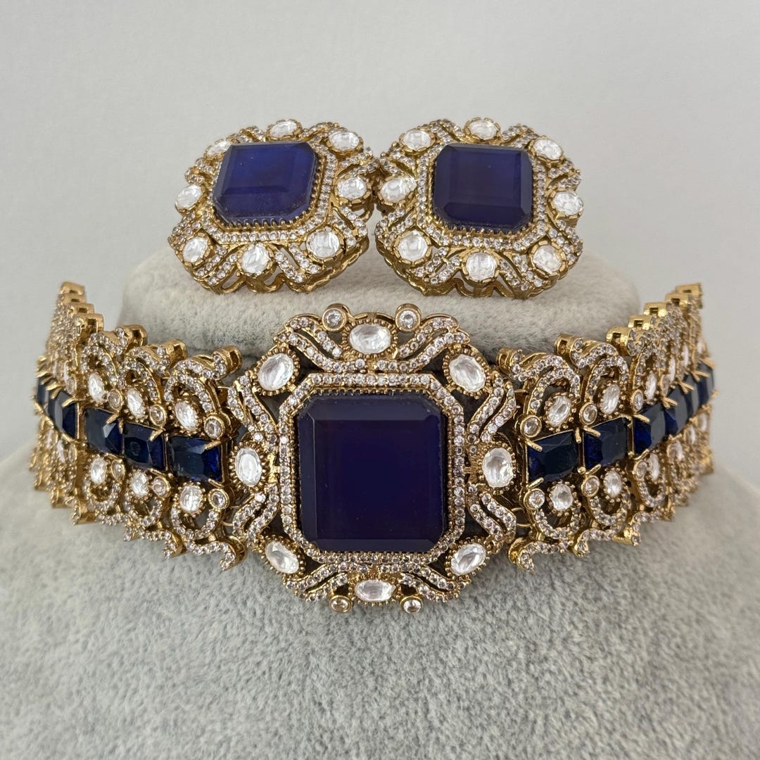 Blue Victorian Doublet Moissanite Polki Cz Diamond Choker Necklace ...