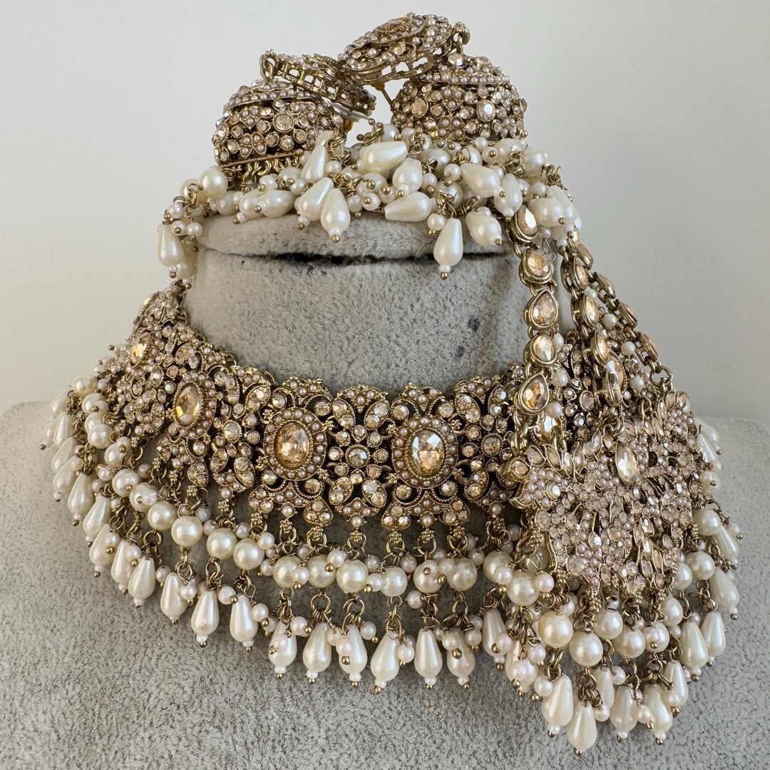 White Champagne Antique Shadow Stone Pearl Choker Necklace With Earring ...