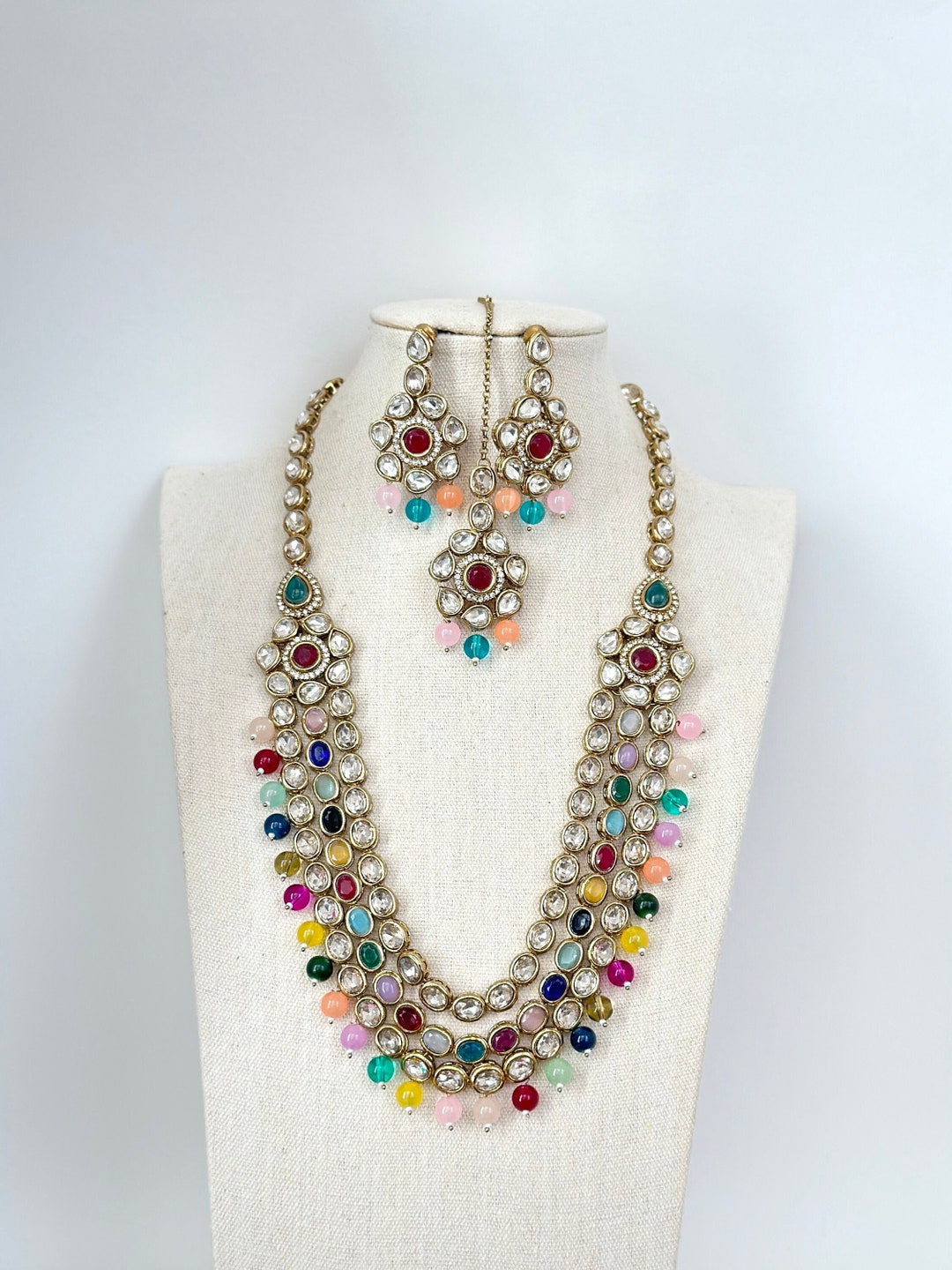 Navratan Kundan Long Necklace Set/kundan Rani Haar/kundan Mala Set ...