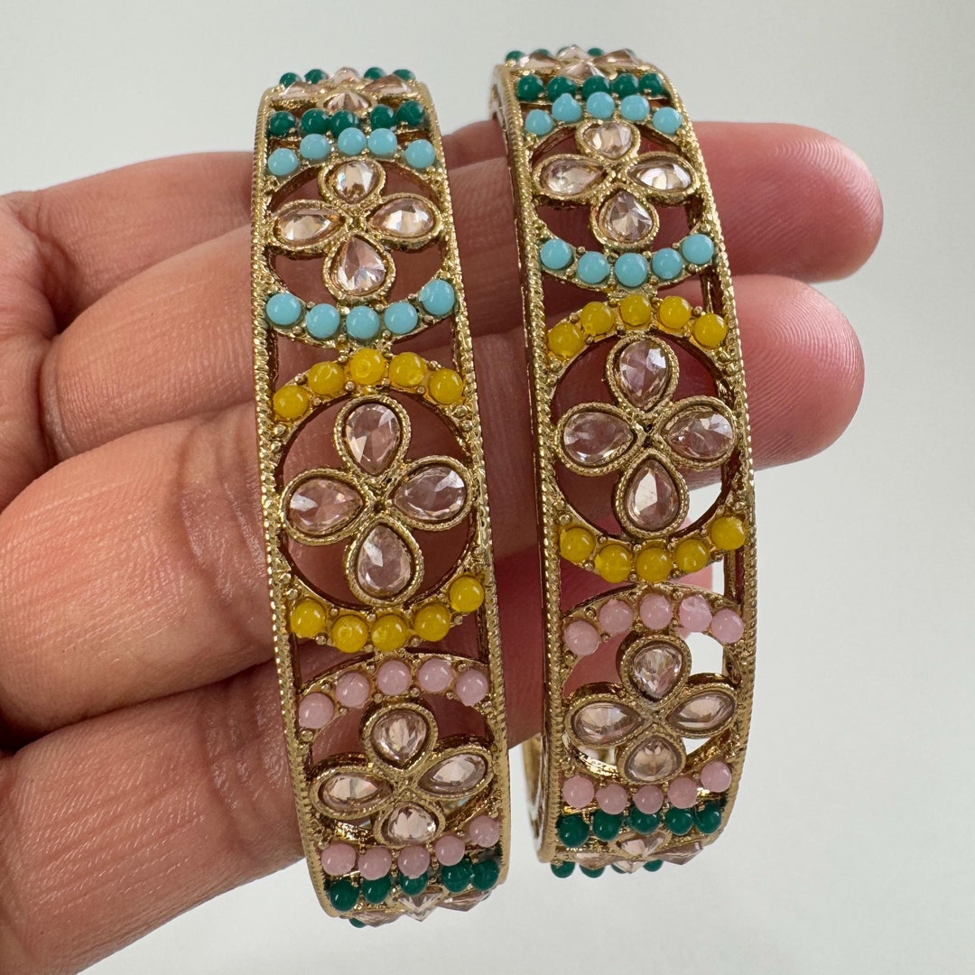 A Pair of Polki Pearl Kundan Antique Dull Gold Finish Bangles Pair ...
