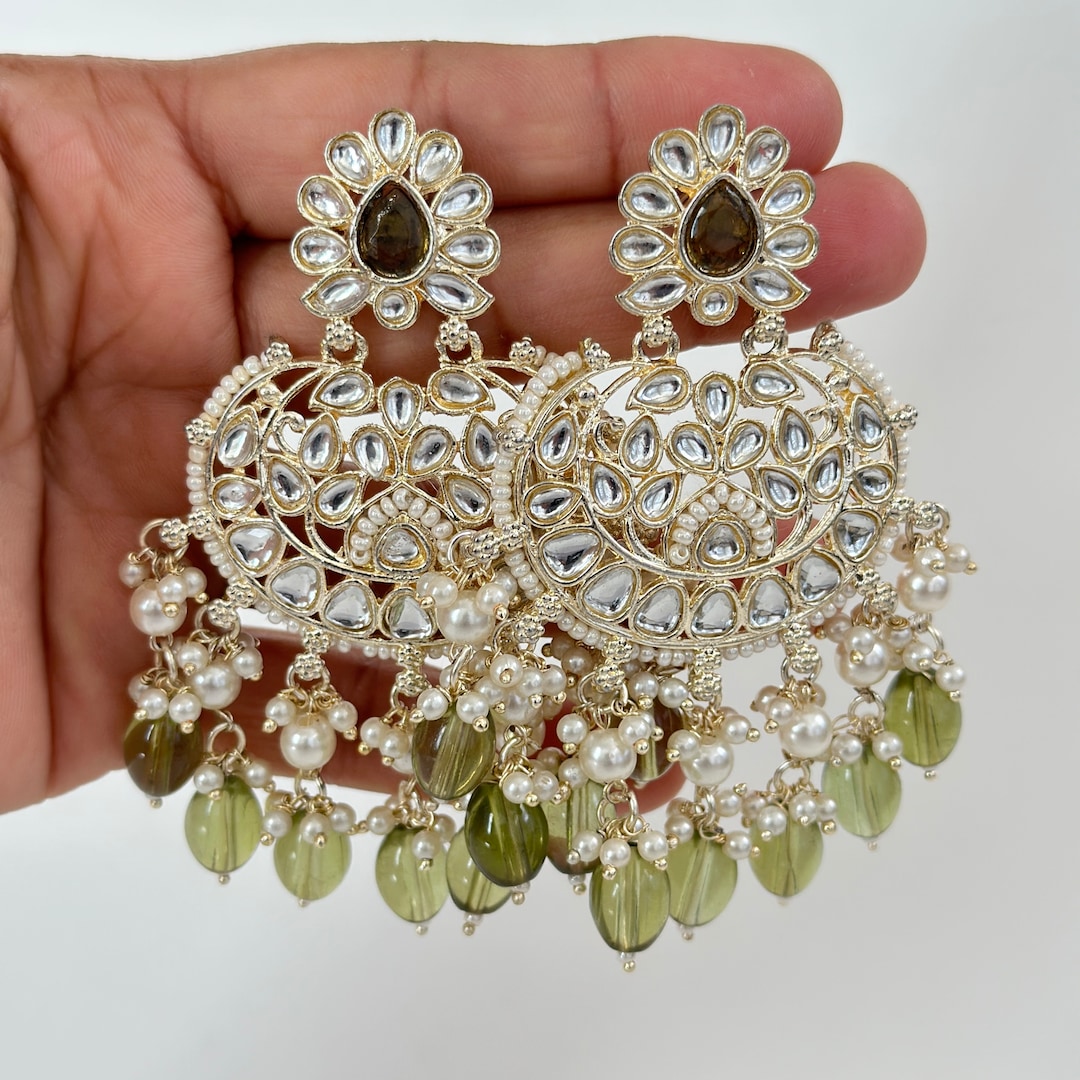 Mehendi Olive Green Bollywood Kundan Chandbali Earrings Indian Earrings ...