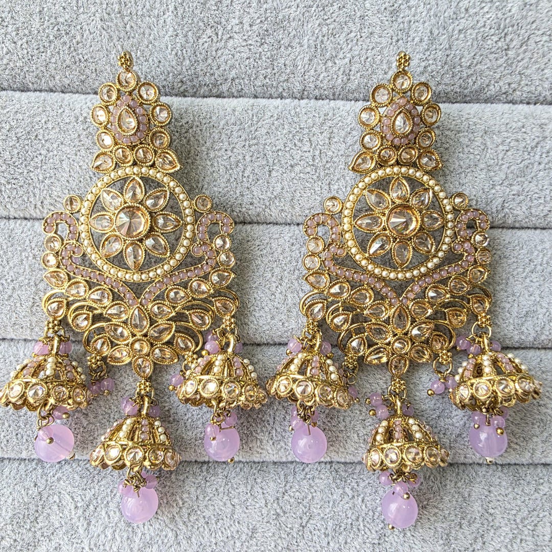 Lavender Antique Polki Kundan Chandbali Indian Pakistani Earrings ...
