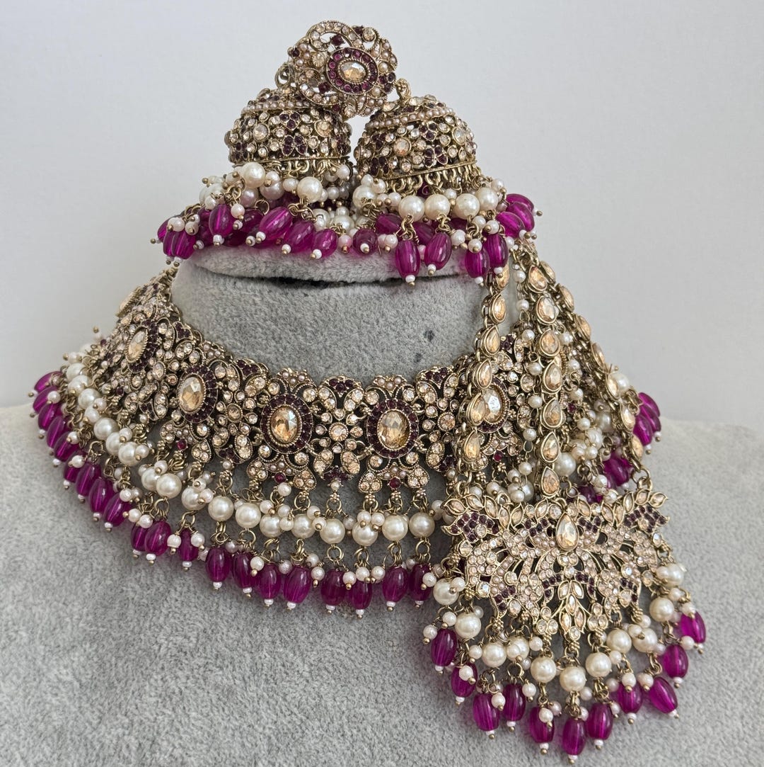 Purple Antique Shadow Stone Pearl Choker Necklace With Earrings and ...