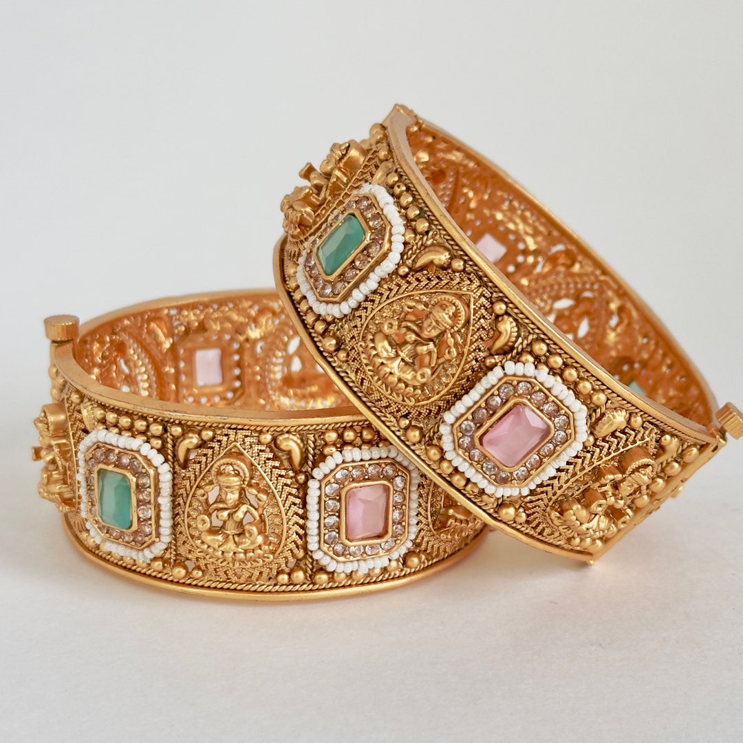 Classic Mint Pink Matte Gold Plated Bangles Pair\statement Kadas/matte ...