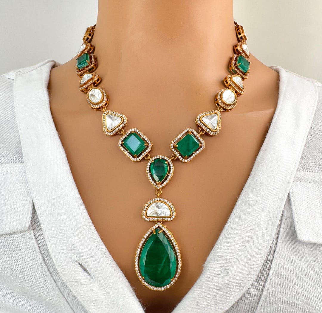 Emerald Doublet Victorian Uncut Polki CZ Diamond Necklace, Sabyasachi ...