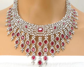 Sapphire CZ Diamond Bridal Necklace, American Diamond Wedding Necklace ...